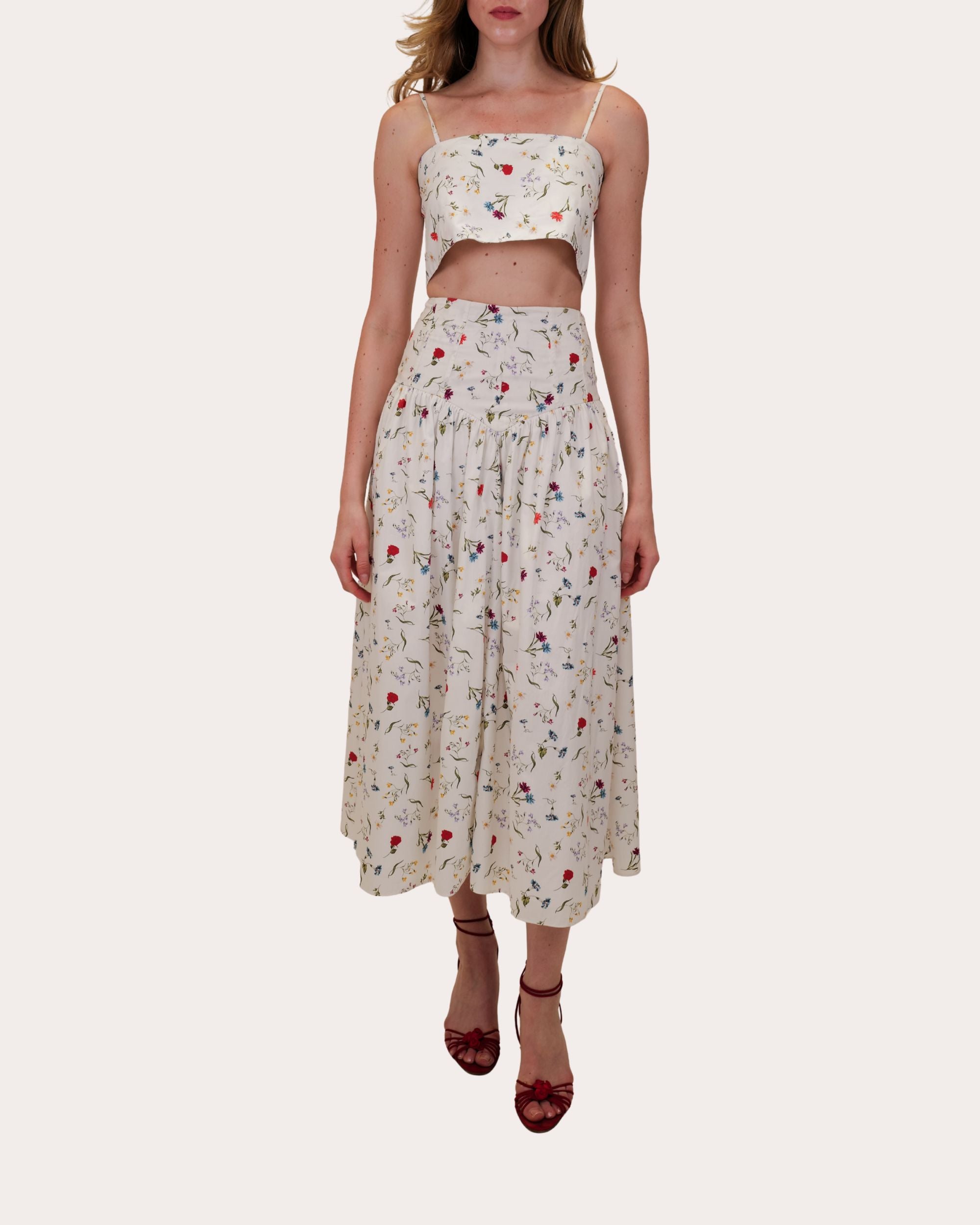 AZEEZA Noora Floral Cotton Poplin Midi Skirt